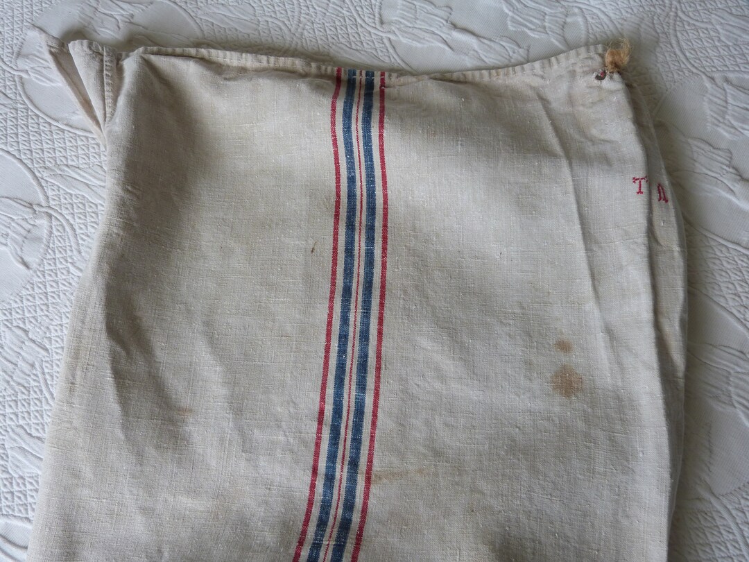 Antique French Striped Linen Grain Sack W Red Blue Stripes Hand ...