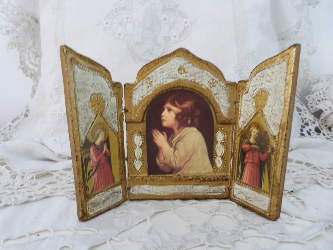 Vintage Florentine Italian Triptych Praying Child W Archangels, Travel ...