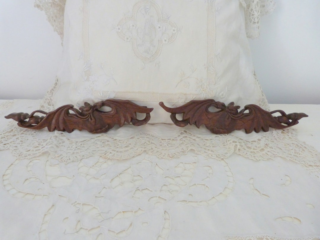 Pair Antique Wall Hanging Hand Carved Wooden Bats Bas Relief Panels ...