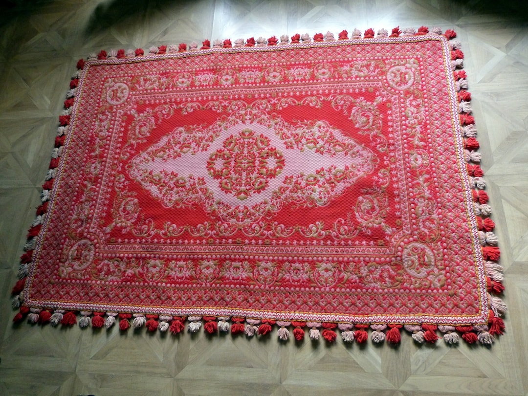 Big Floral Bohemian Rug Carpet W Tassel Trim, Vintage 1950s Handmade ...