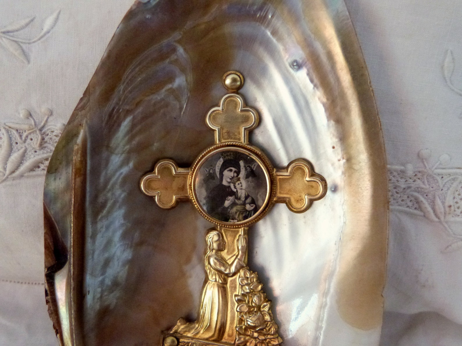 Holy Water Font Shell, Antique French Religious Ormolu Sculpture W ...