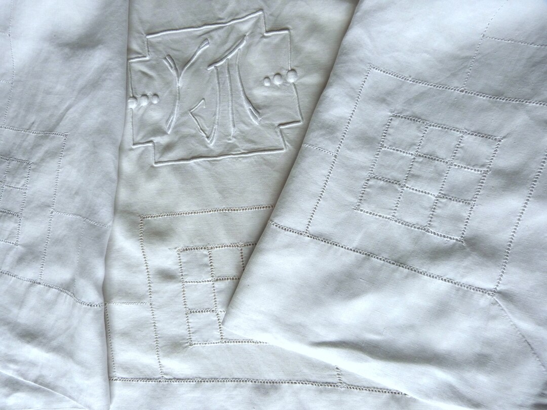 Antique French Linen Dowry Sheet Hand Monogrammed YM W Dotted ...