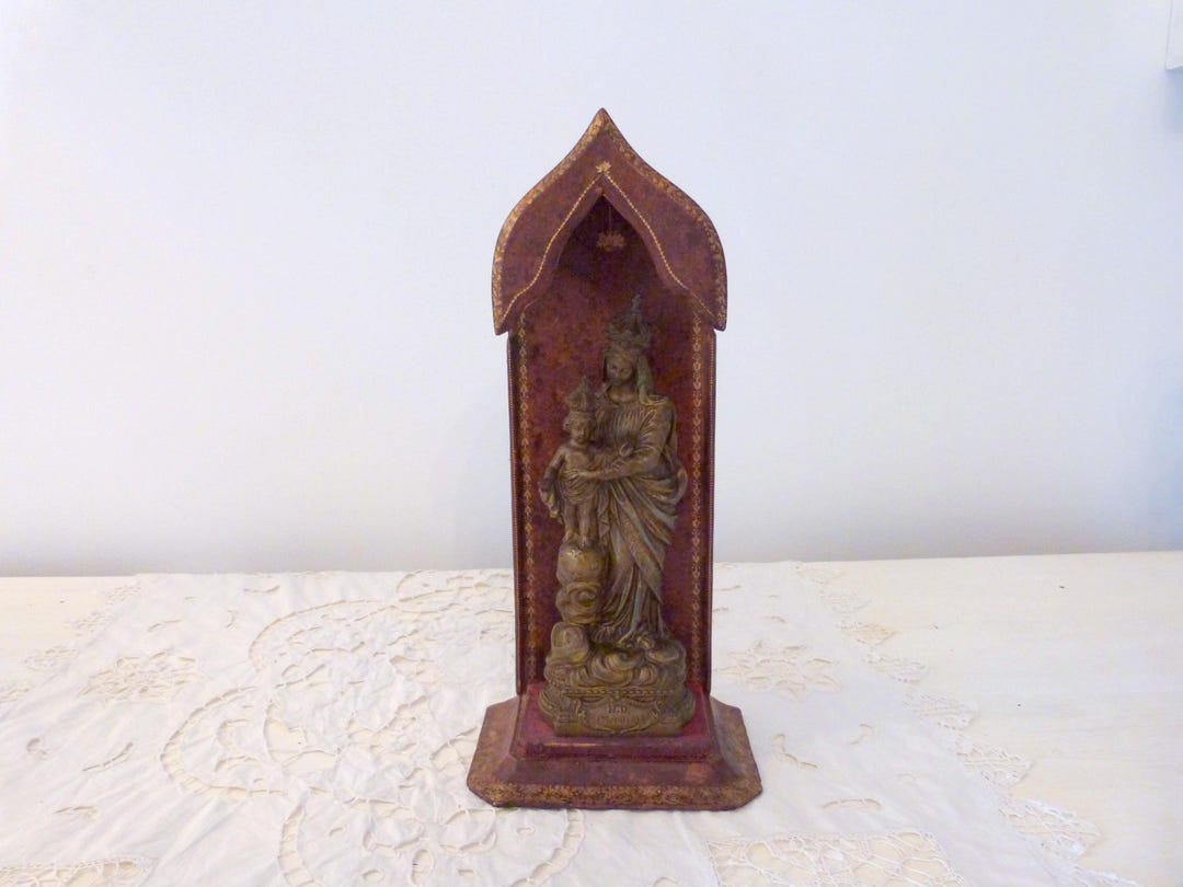 Rare Antique Religious Gilded Leather Shrine Chapel W Statue Madonna ...