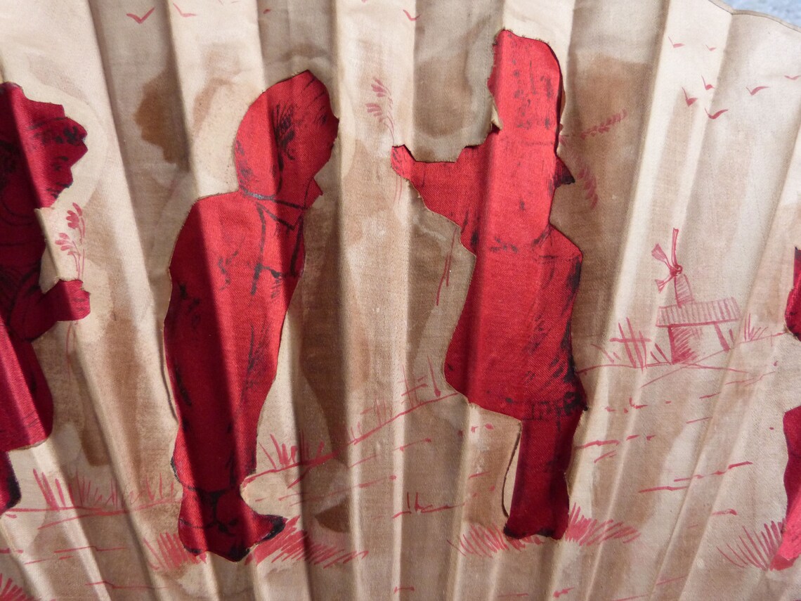 Antique Hand Fan 1900s Folding Fan W Red Silk Silhouettes of Children W ...