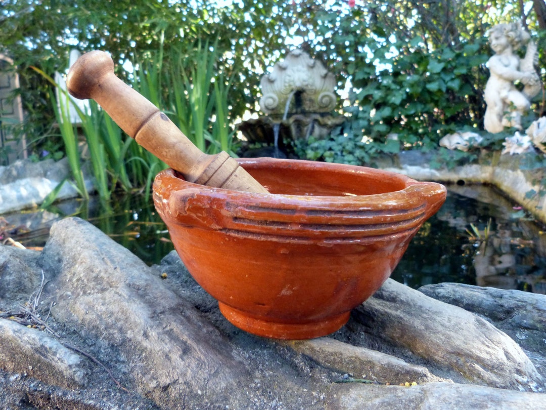 Antique Glazed Terracotta Mortar W Wooden Pestle French 1800s Chemist ...