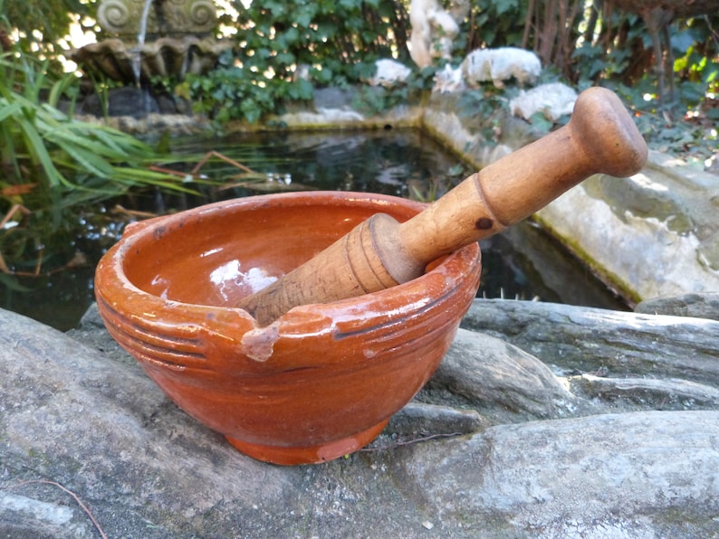 Antique Glazed Terracotta Mortar W Wooden Pestle French 1800s - Etsy