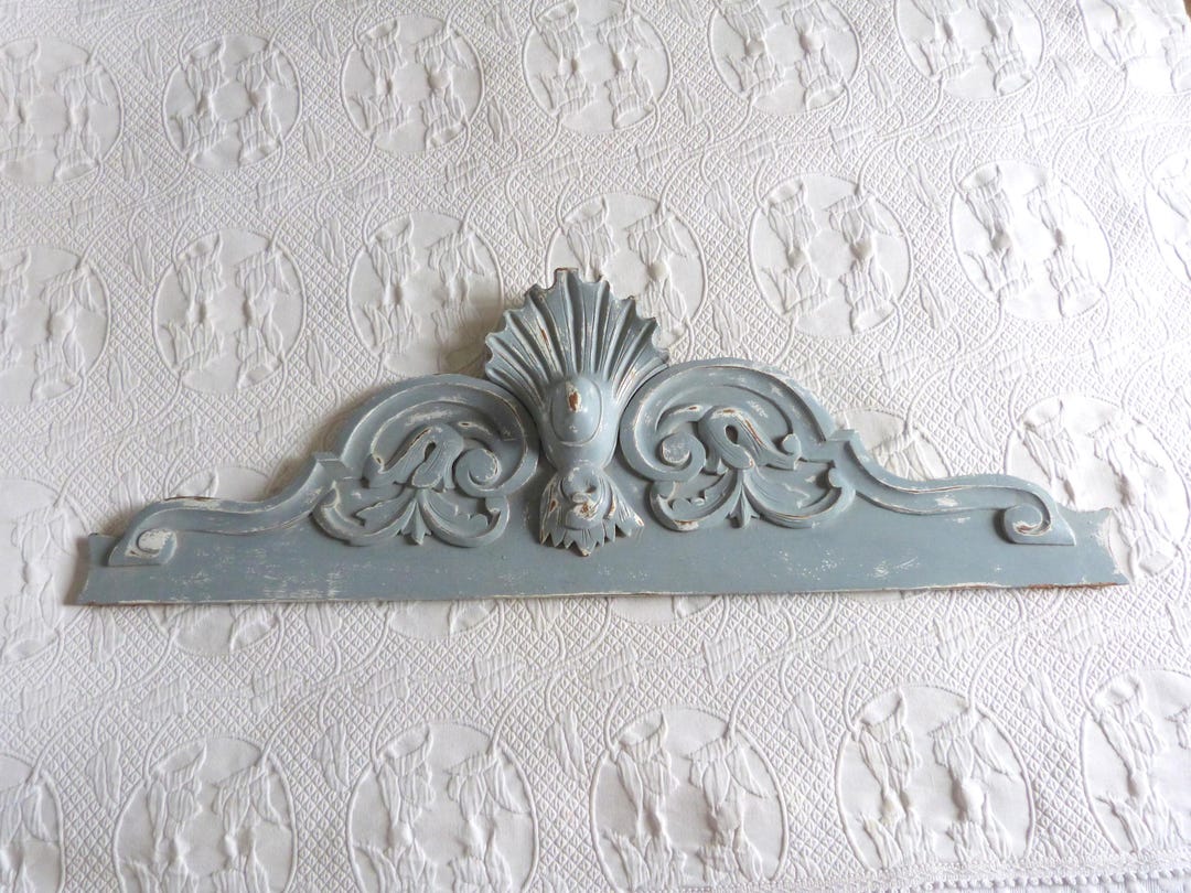 Large Antique French Pediment, Blue Handcarved Wooden Architectural ...