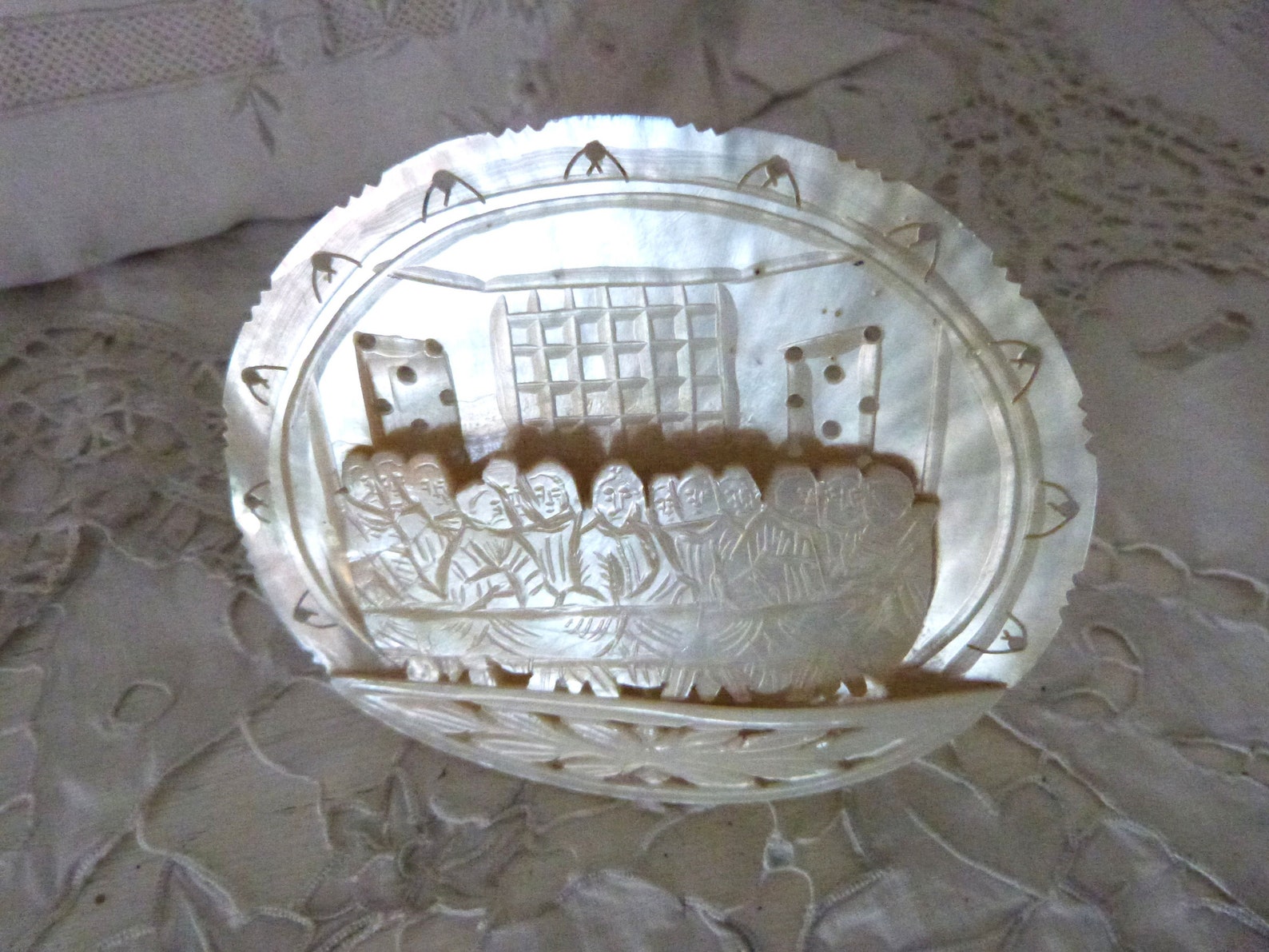 Last Supper Shell Art, Antique Religious Devotional Sculptured Mother ...