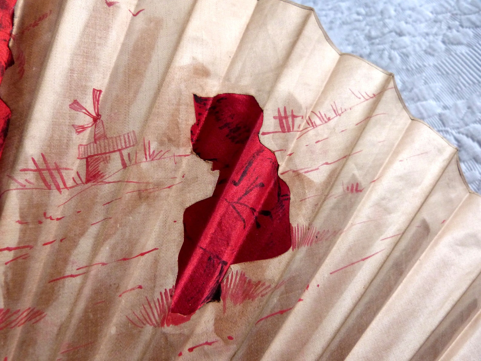 Antique Hand Fan 1900s Folding Fan W Red Silk Silhouettes of Children W ...