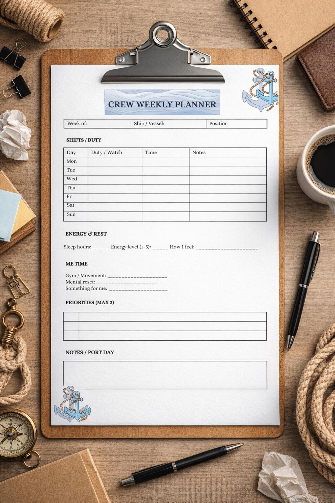 Crew Weekly Planner Printable – Seafarer Work Schedule & Self Care ...
