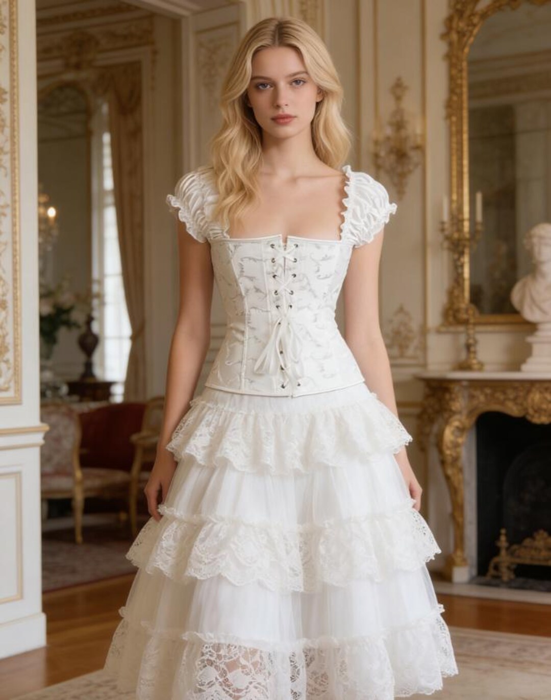 Retro French Palace Puff Sleeves Double Shoulder Strap Corset French ...