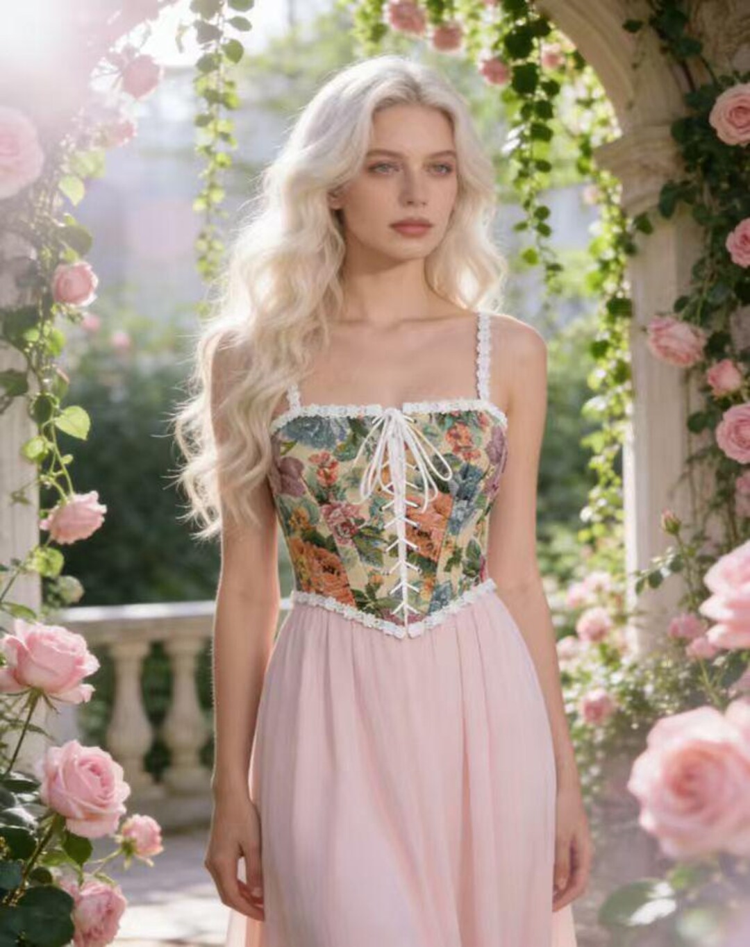 French Vintage Style Slim Fit Bustier With Jacquard Lace Trim and Front ...