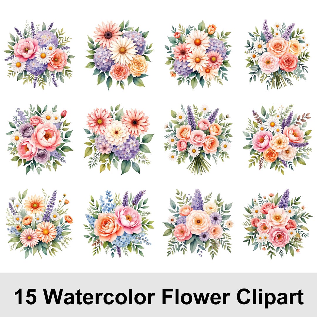 15 Pastel Floral Clipart PNG Bundle • Watercolor Pastel Flowers Wedding ...