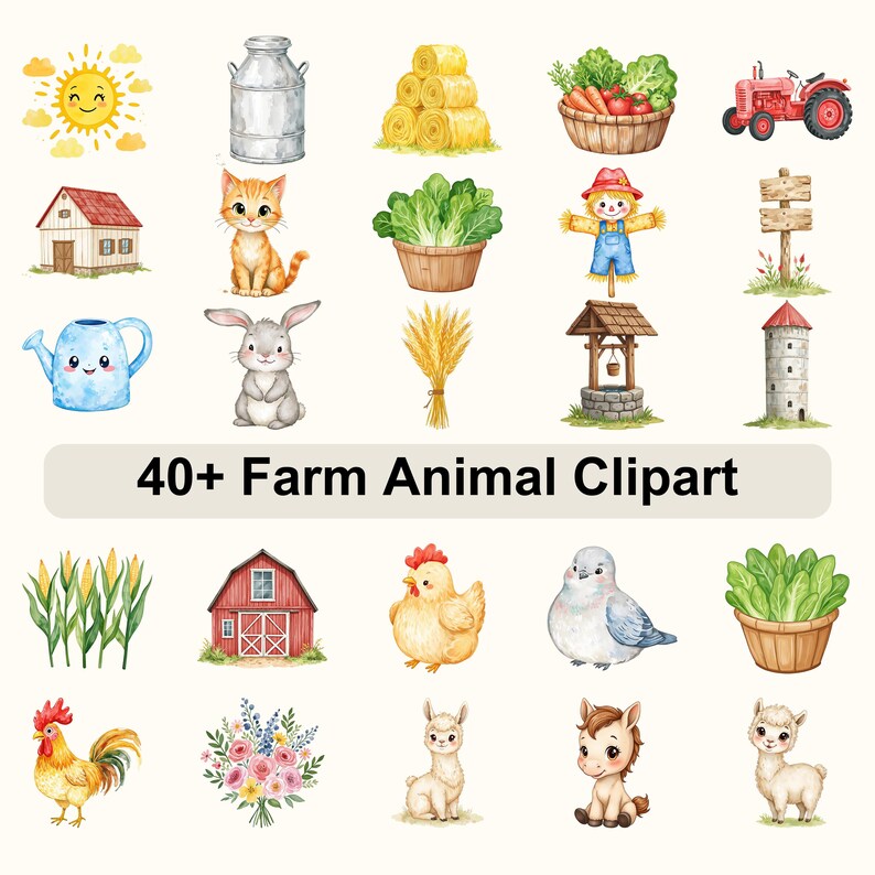 40+ Farm Animals Clipart Bundle | Cute Watercolor Farm Animal Pngs ...