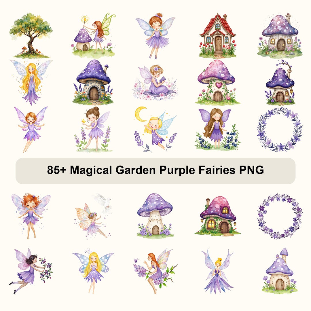 Magical Garden Purple Fairies Clipart Bundle • Fantasy Fairy PNG ...