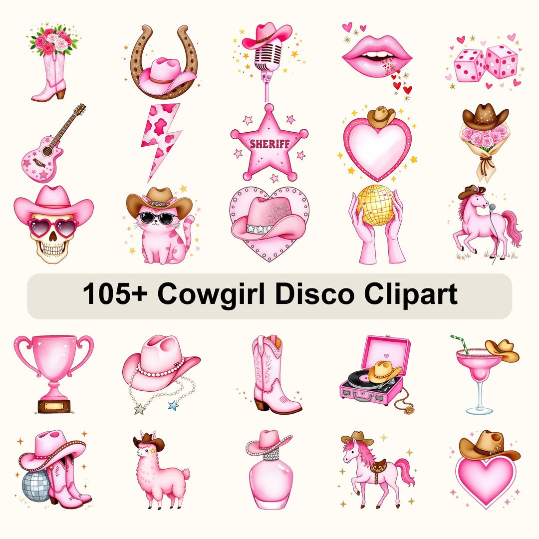 Disco Cowgirl Clipart Bundle | Pink Western Pngs for Bachelorette Party ...