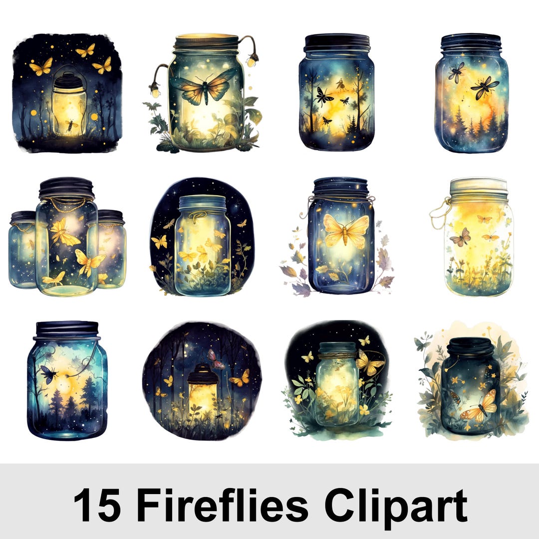 15 Fireflies Watercolor Clipart | Glowing Firefly PNG Bundle | Night ...