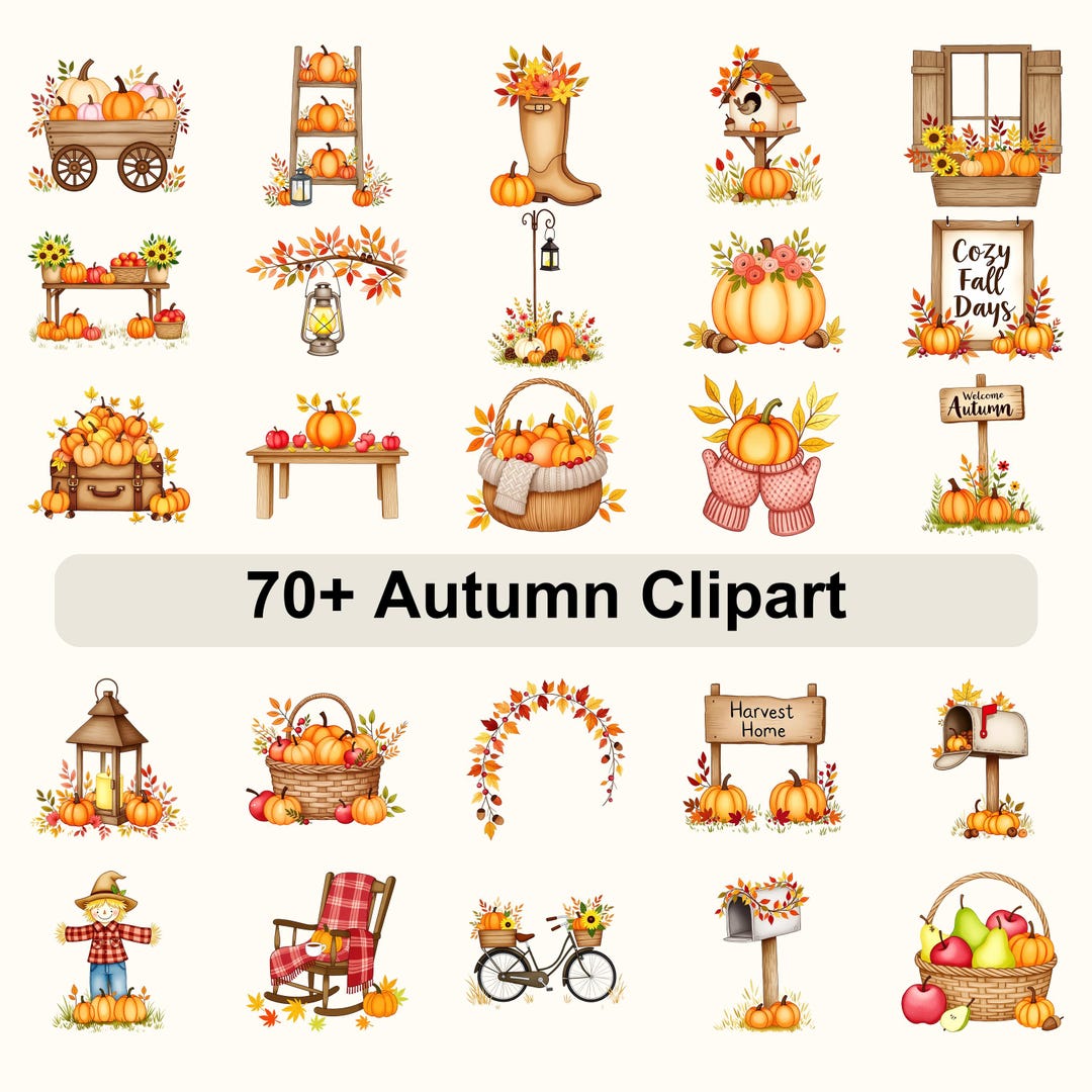 Autumn Clipart Bundle • Fall Season PNG • Cozy Autumn Fall Leaves ...