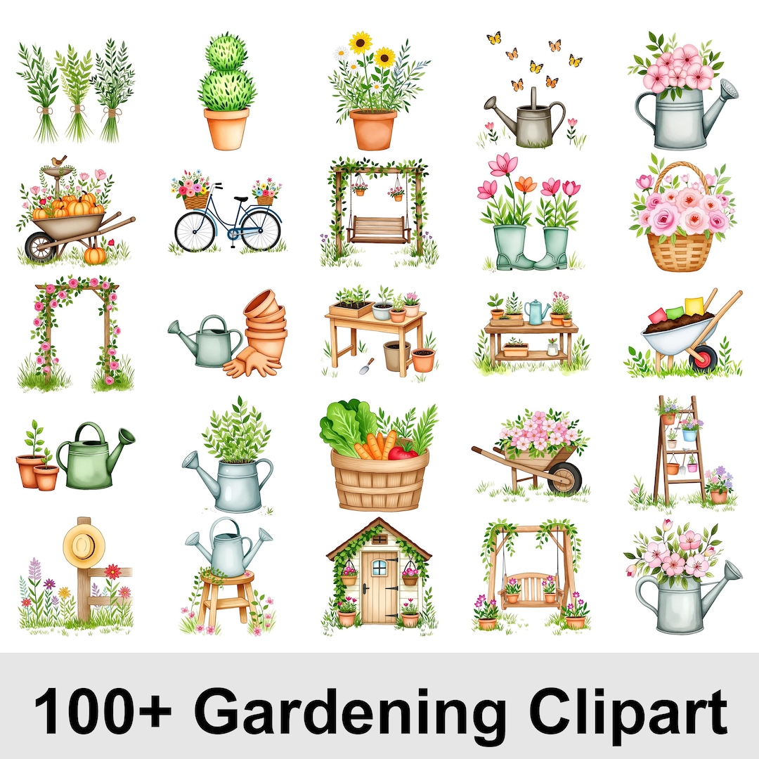 100+ Garden Clipart PNG Bundle | Watercolor Gardening Tools & Botanical ...