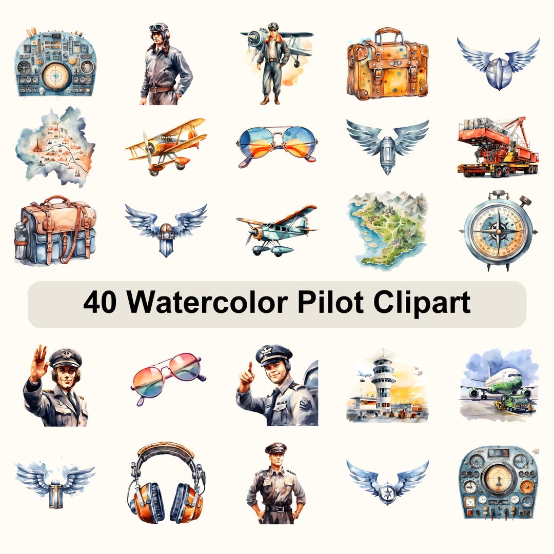 Watercolor Pilot Clipart Bundle • Cute Aviator Characters PNG ...