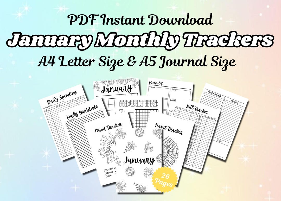 January Monthly Trackers | Uncolored | A4 & A5 Printable Planner ...
