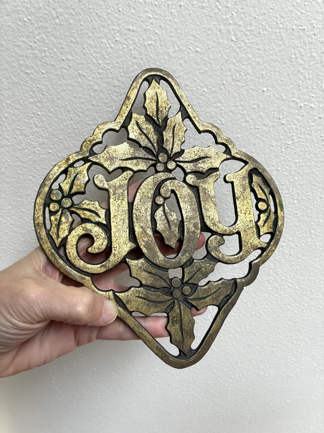 Metal "joy" Trivet W/ Feet & Hook, Holiday Hot Plate, Worn Vintage ...