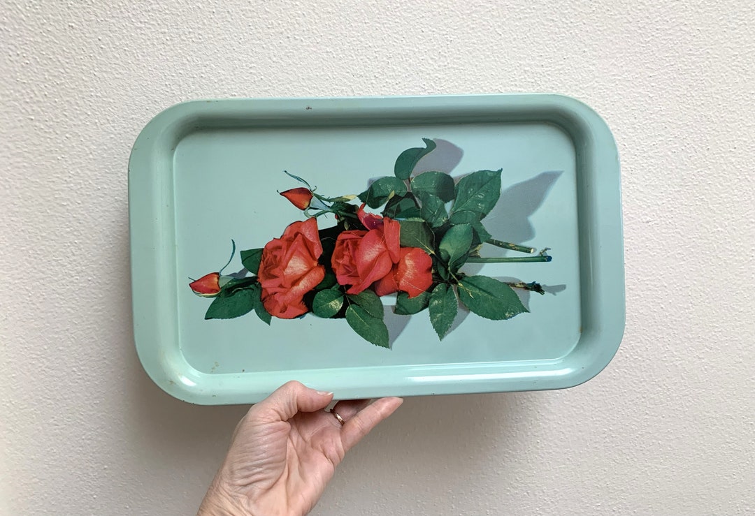 Vintage METAL Floral Tray With Roses, Retro Aqua Mint Green With RED ...