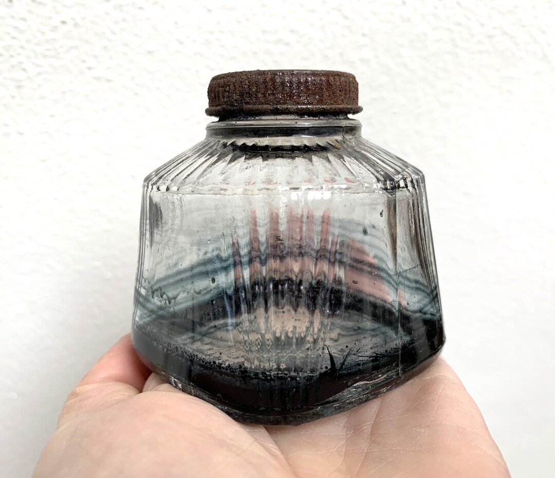 Vintage GLASS Ink Jar With Lid, Parker Ribbed Small Apothecary Jar ...