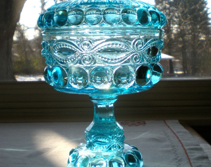 BLUE Glass Candy Dish With Lid - RARE Aqua Teal Blue HEAVY Pedestal ...