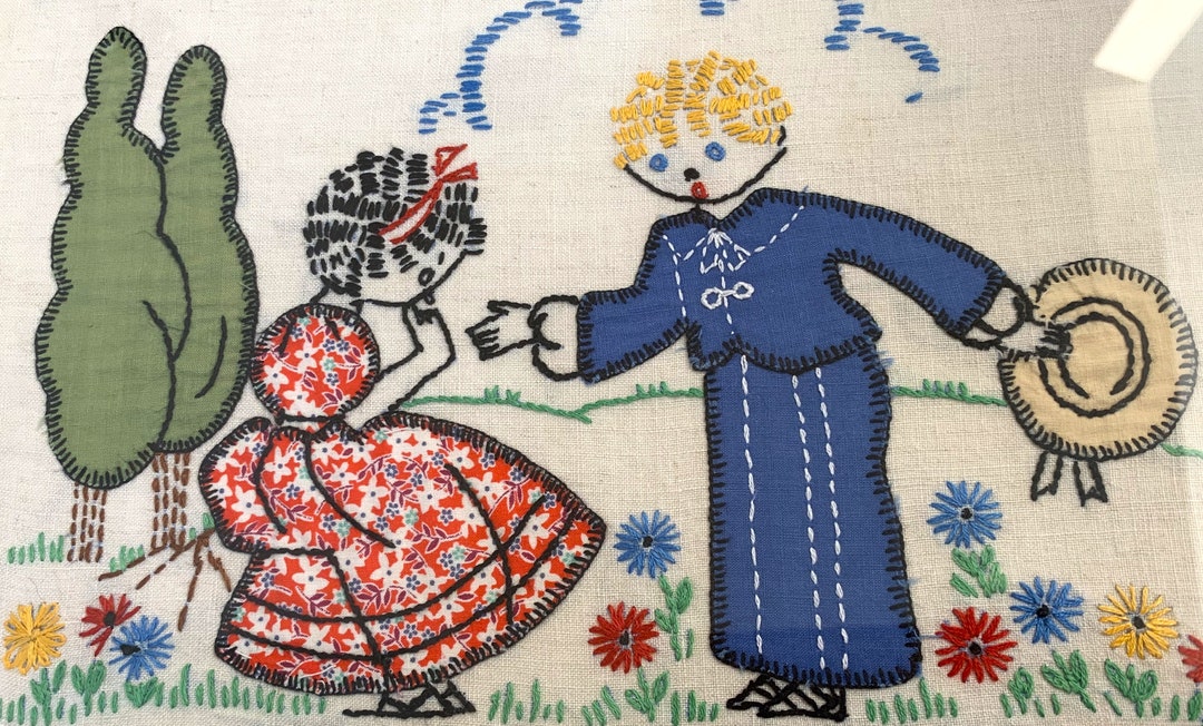 Antique Crewel Embroidery Fabric Applique FRAMED Behind Glass, 13" by ...