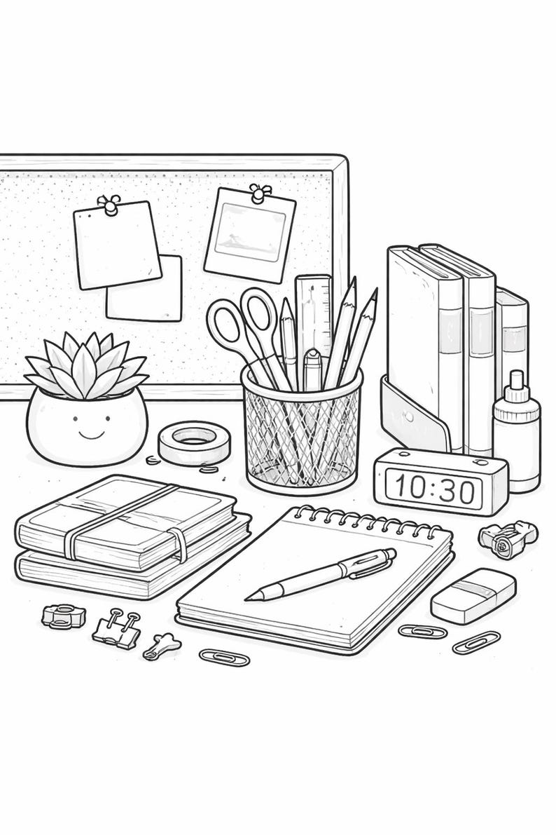Stationery on Study Desk Colouring Page – Neuroaffirming Printable Line ...