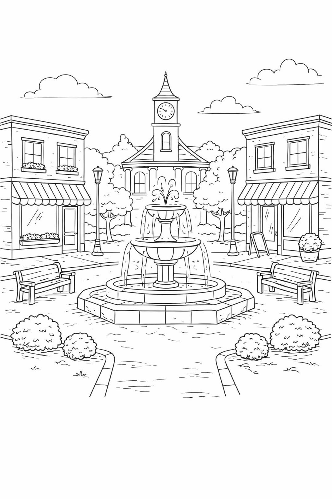 Town Square Fountain Colouring Page – Neuroaffirming Printable Line Art ...