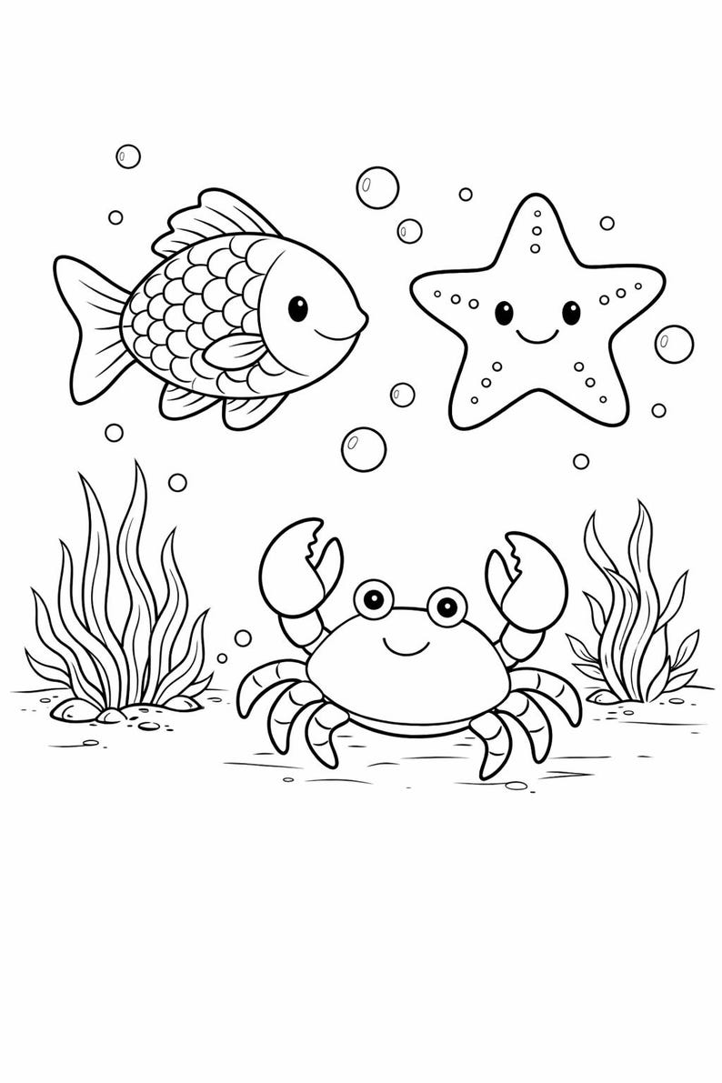 Sea Creatures Colouring Page – Neuroaffirming Printable Line Art - Etsy