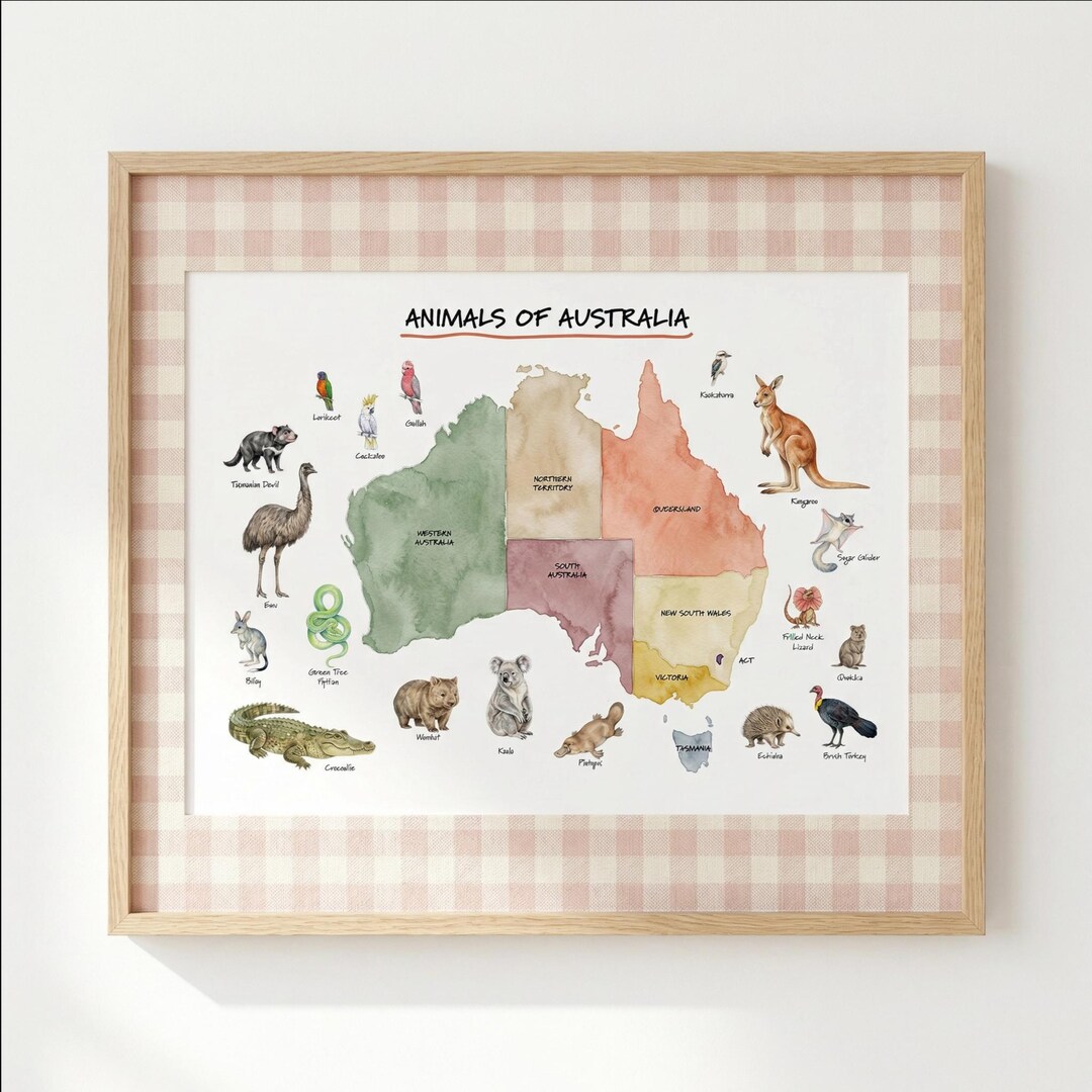 Australian Animals Nursery Print – Koala, Kangaroo Wildlife & Map ...