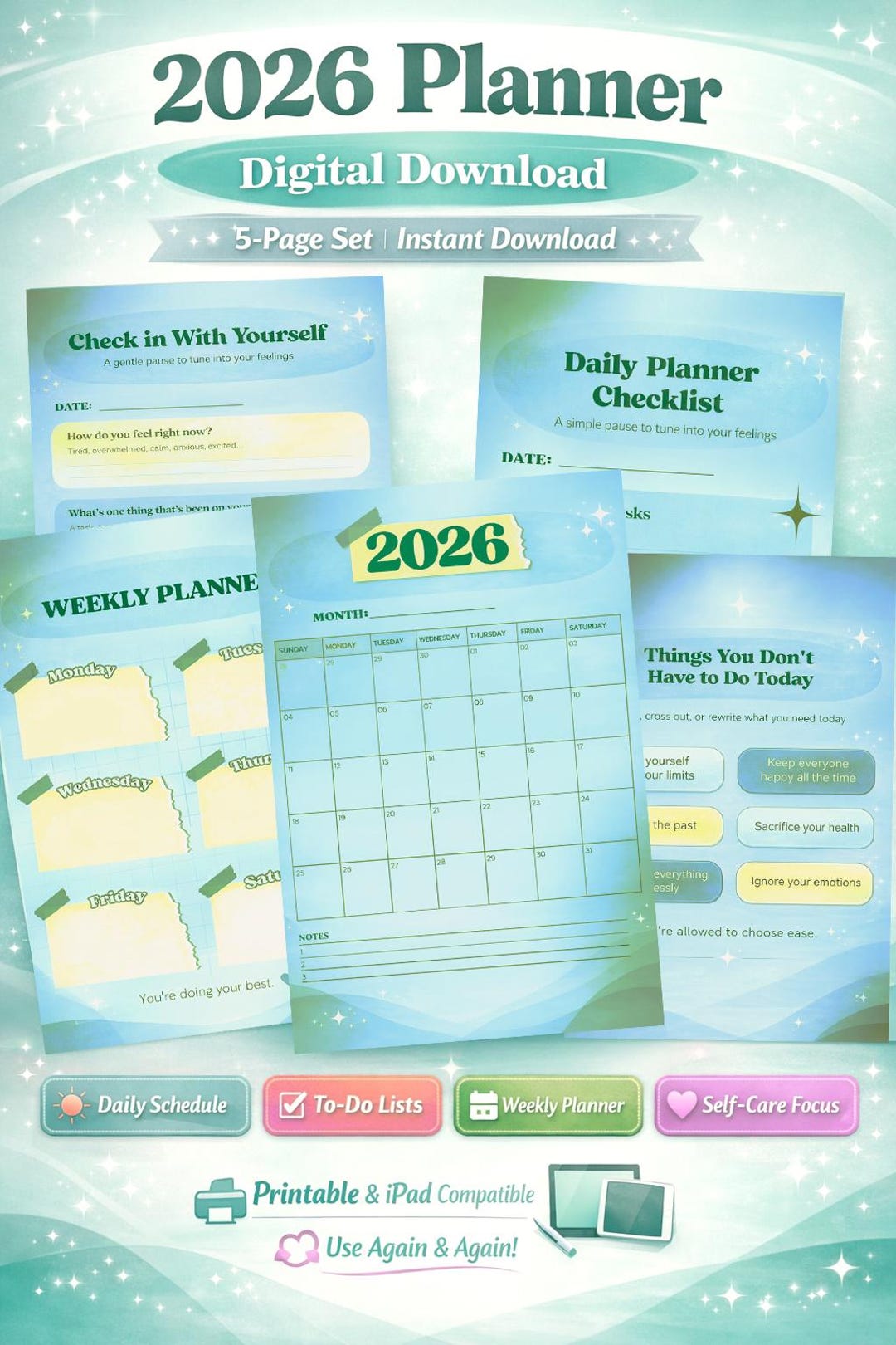 2026 Planer Digitaler Download | Grüne wiederverwendbare 5-Seite ...