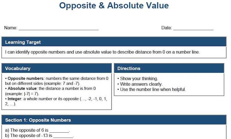 Worksheet - Opposites & Absolute Values (6th Grade) - Etsy