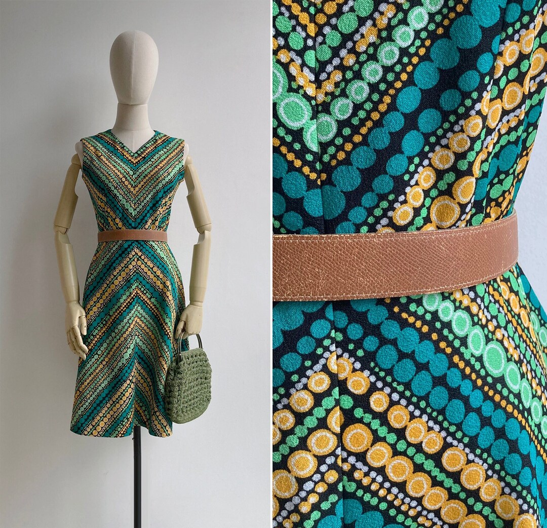 Vintage '70s Green Graphic Spot Op Art Chevron Print Dress XS-S - Etsy