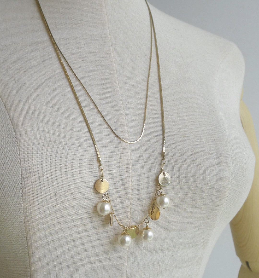 Vintage '80s Pearl & Gold Charm Layered Chain Necklace - Etsy