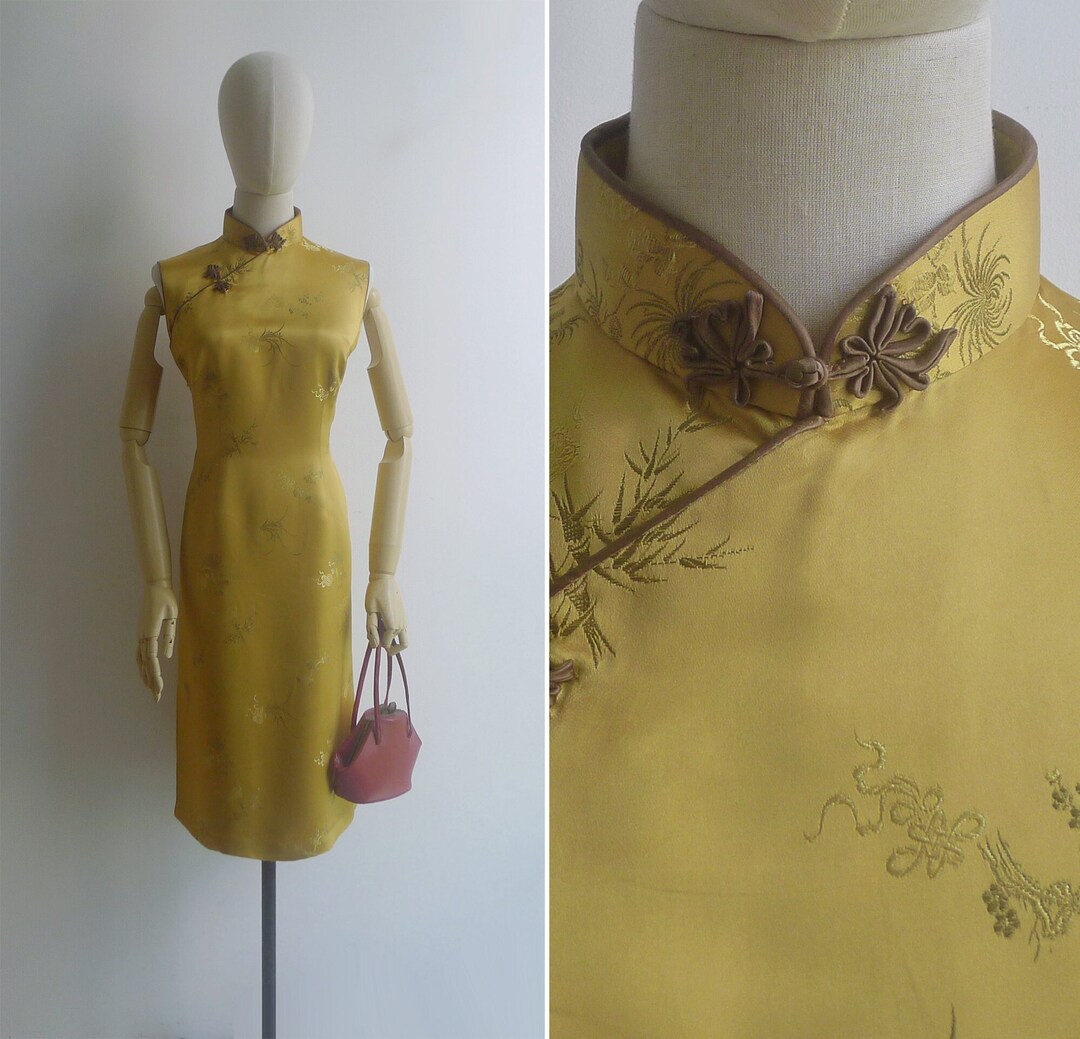 Vintage '50s Yellow Gold Silk Brocade Cheongsam L - Etsy