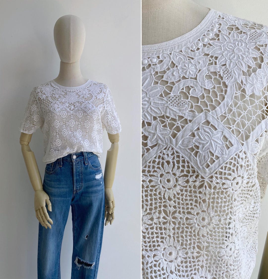 Vintage 1980s White Filet Crochet Knit Blouse S-M, Retro Sheer White ...