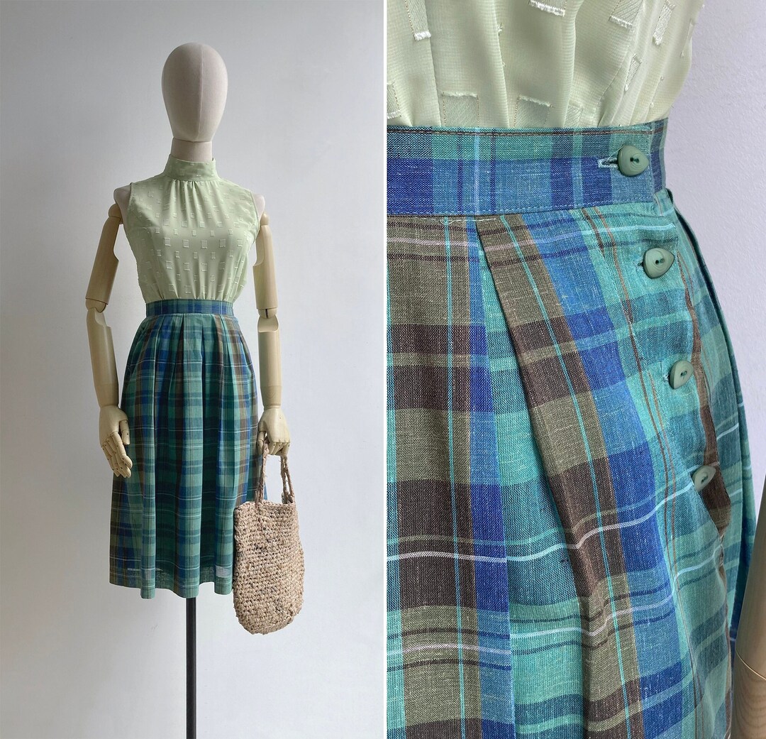 Vintage '80s Plaid Midi Skirt With Pockets & Green Buttons XS - Etsy