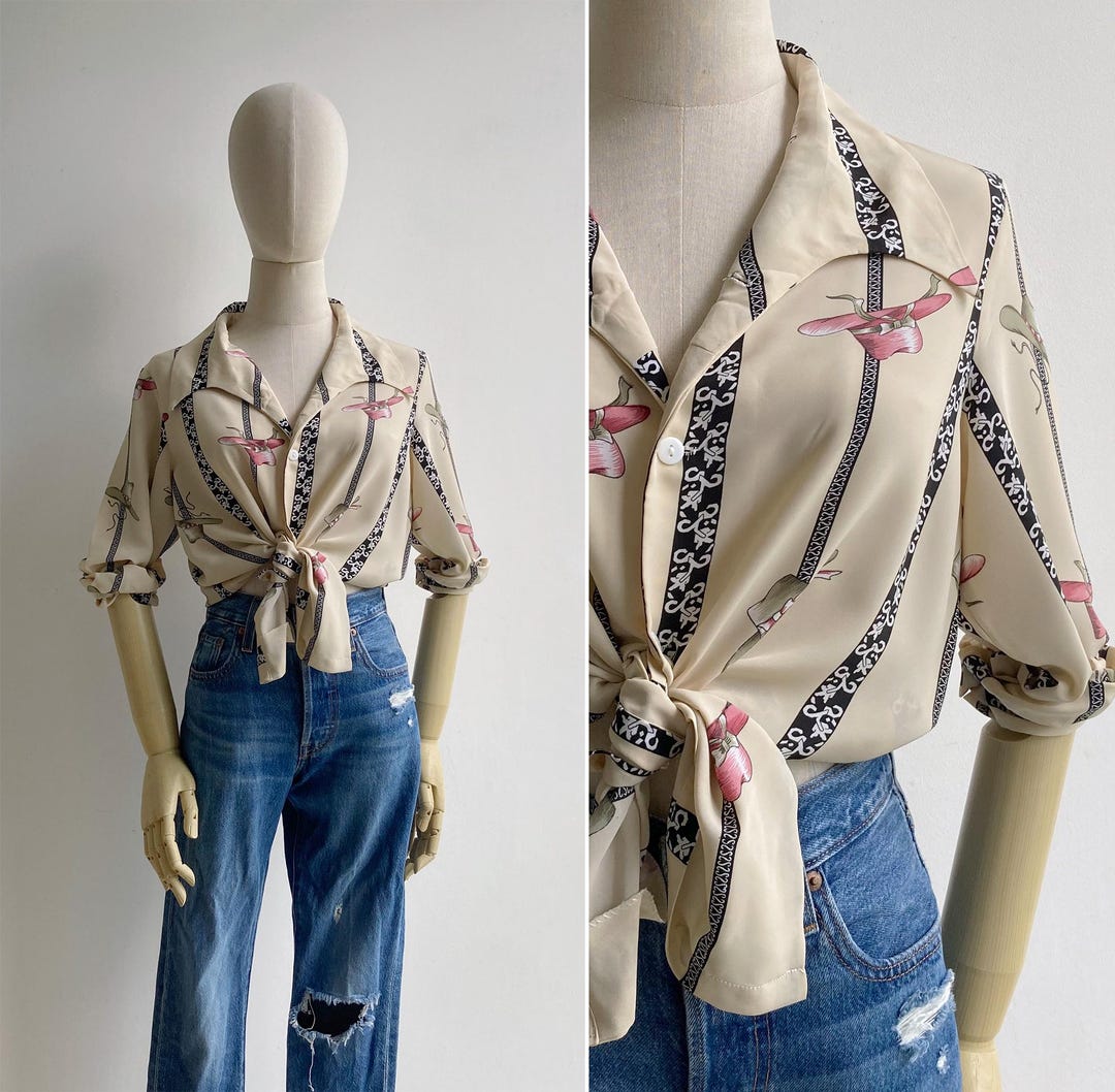 Vintage 1980s Pink Hat Novelty Print Collared Blouse M-L, Retro Blousy ...