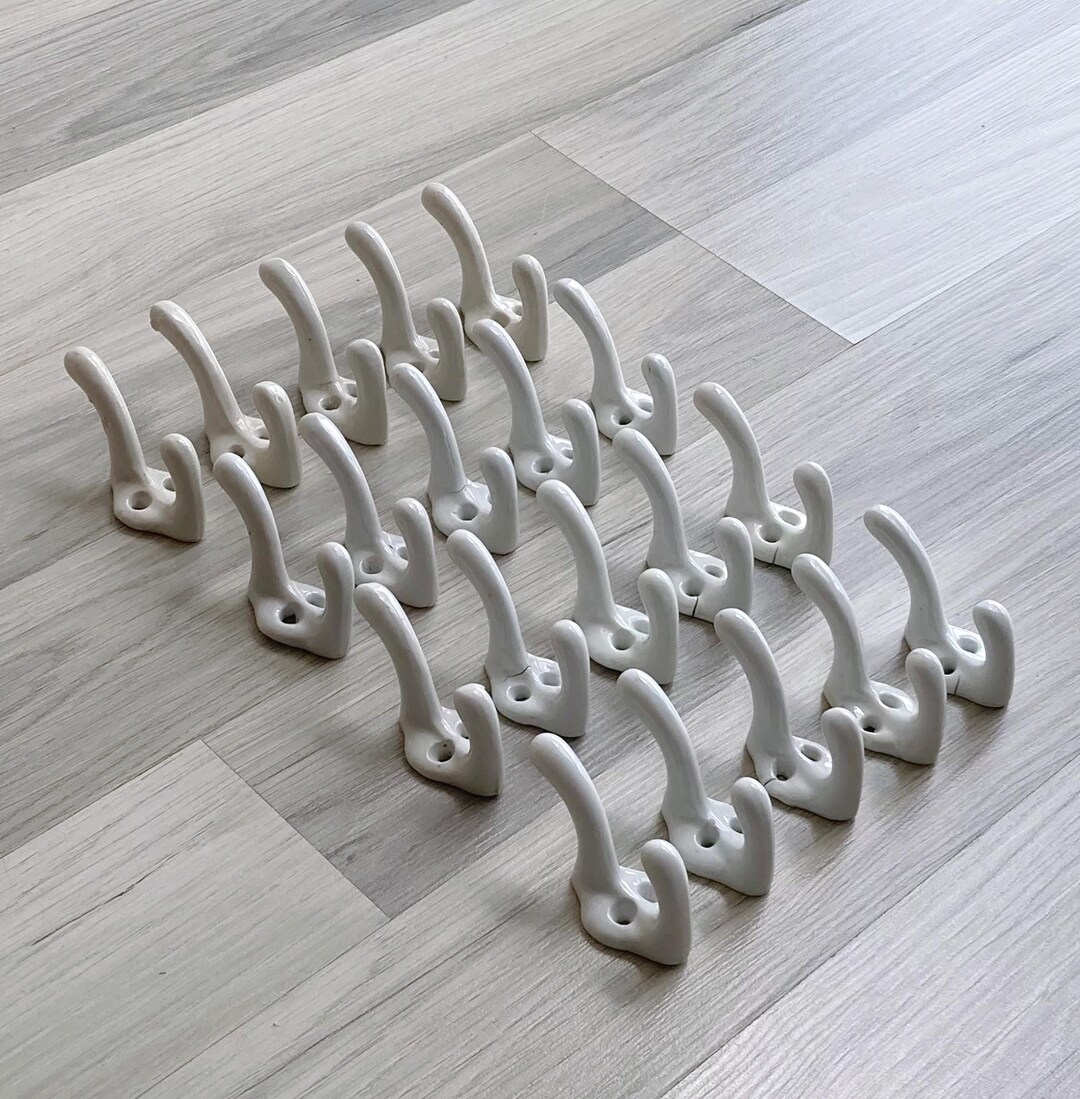 Vintage 1950s Porcelain Wall Hooks Set of 5, White Ceramic Double Hook ...