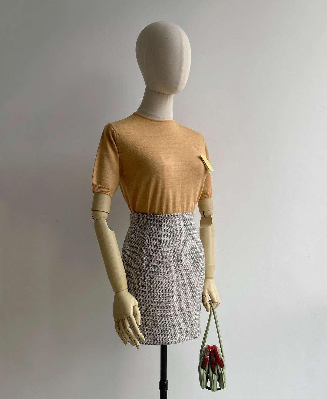 Vintage 1990s Preppy Tweed Mini Skirt, High Waist Slim Fit in Cream ...