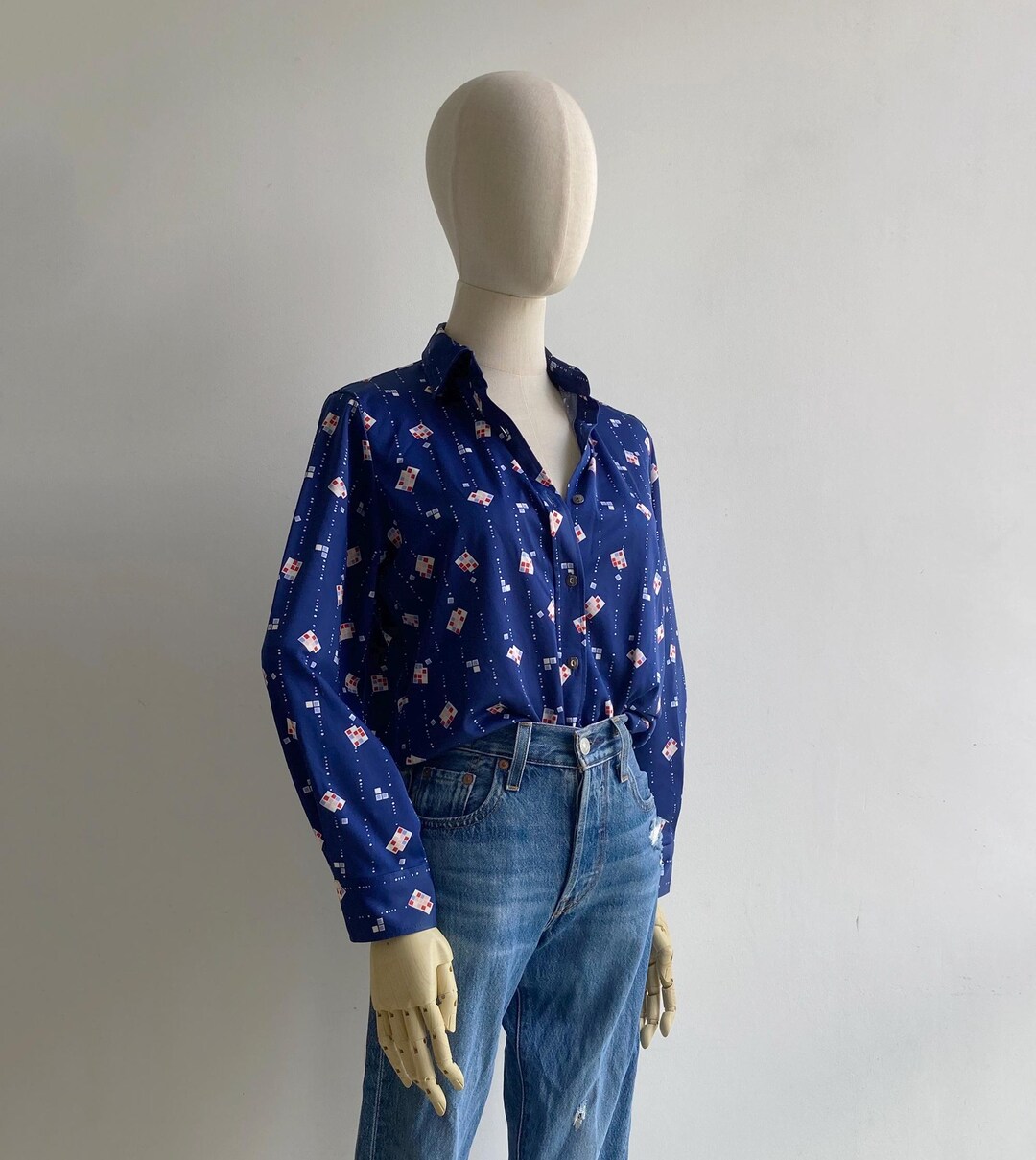 Vintage 1970s Blue Op Art Cube Print Collared Shirt S-M, Retro Japanese ...