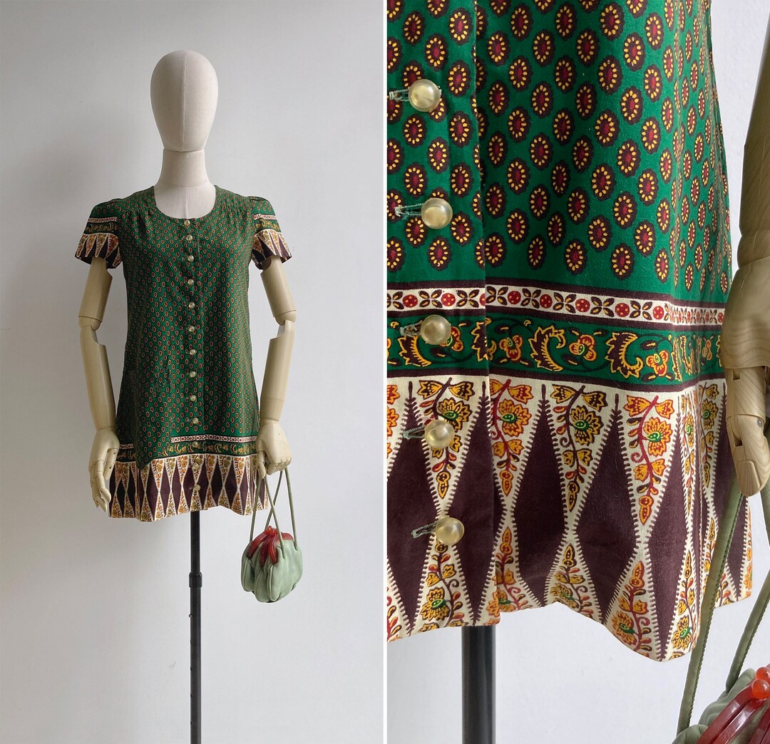 SALE Vintage '70s Green Batik Print Tunic Mini Dress XS - Etsy