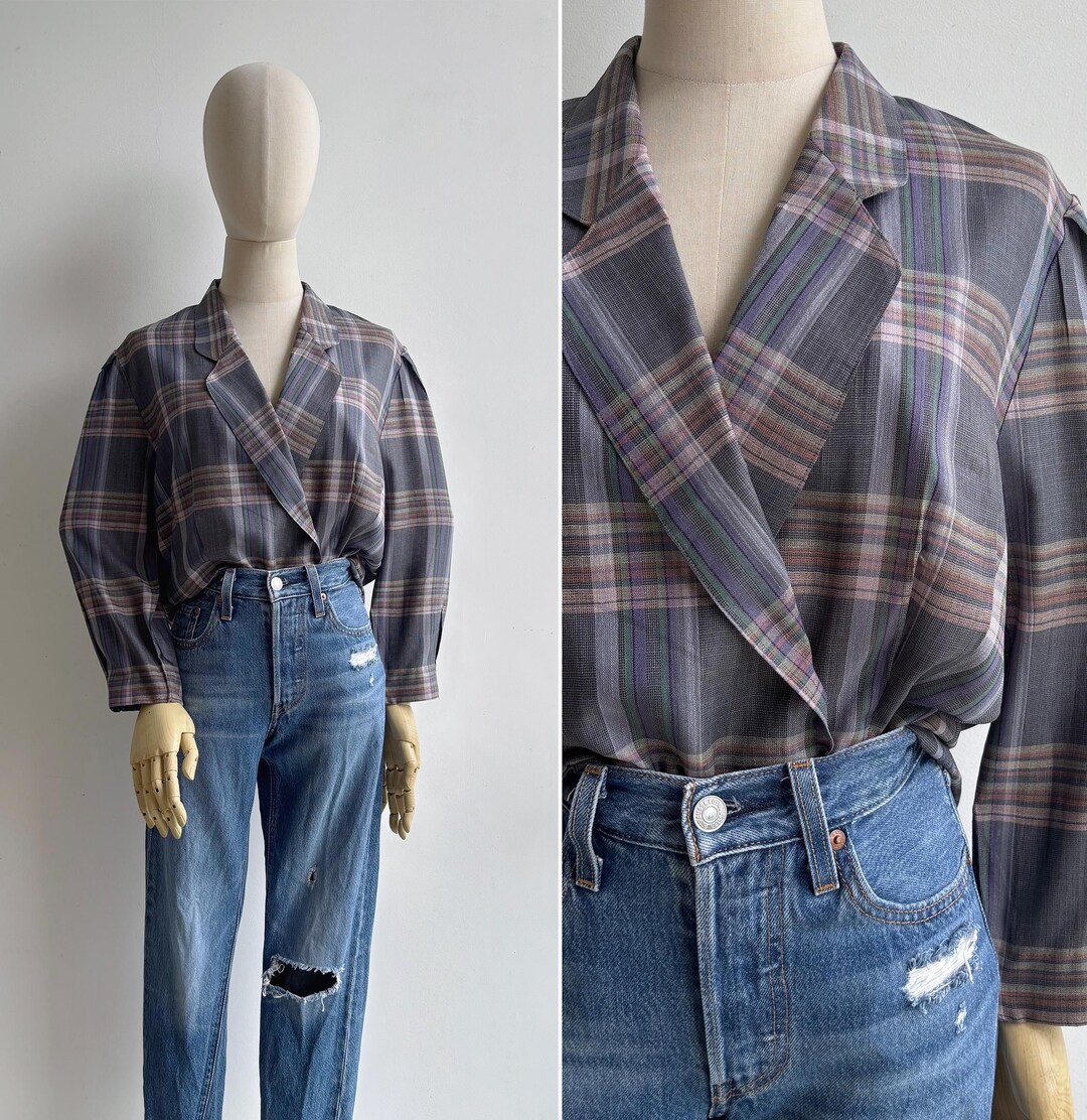 Vintage 80s Grey Rainbow Plaid Blazer Top M-L, Retro Double Breasted ...