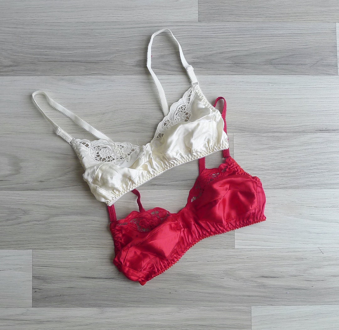 Vintage 60s Ivory Silk Embroidered Bra XS-S-M, Floral Lace Cutwork ...
