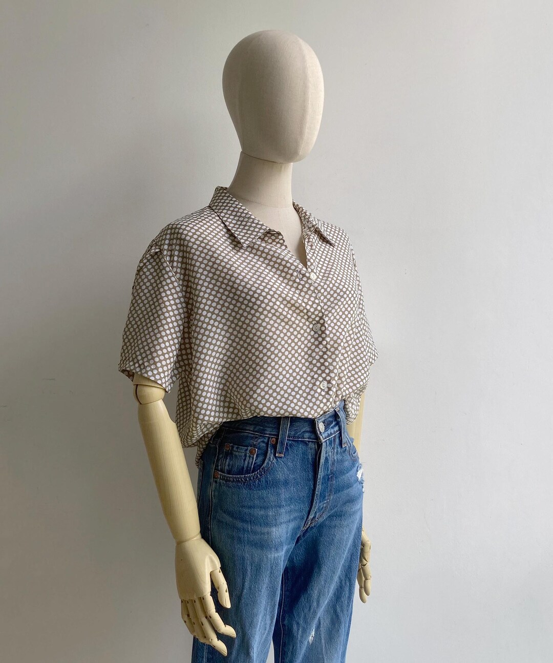 Vintage 1980s Beige Taupe & White Polka Dot Puffed Sleeve Blouse L-XL ...