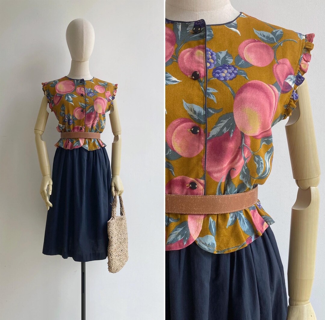 Vintage 80s Peach Fruit Print Two Tone Peplum Dress S-M, Retro Mustard ...